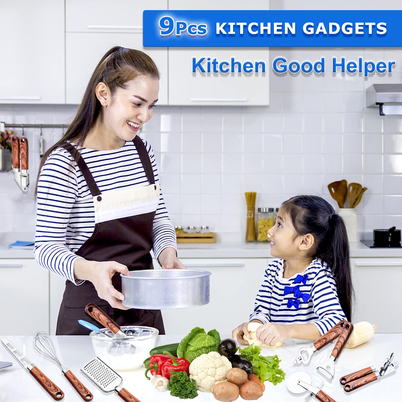 9Pcs Kitchen Gadget Set, Stainless Steel Cooking Utensils Set with Imitated Wood Handle, Premium Gadgets Kitchen Tools Set with Pizza Cutter, Whisk, Spoon, Grater, Opener, Vegetable Peeler