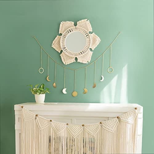 Mkono Hanging Wall Mirror with Macrame Fringe Round Boho Mirror Art Decor for Apartment Living Room Bedroom Baby Nursery Dorm Entryways, Ivory