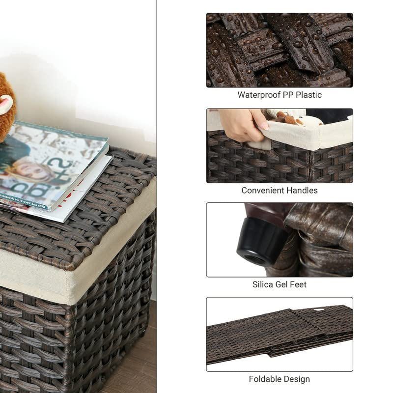 SONGMICS Storage Basket with Lid, Rattan-Style Storage Trunk with Cotton Liner and Handles, for Bedroom Closet Laundry Room, 29.9 x 17.1 x 18.1 Inches, Brown URST76BR