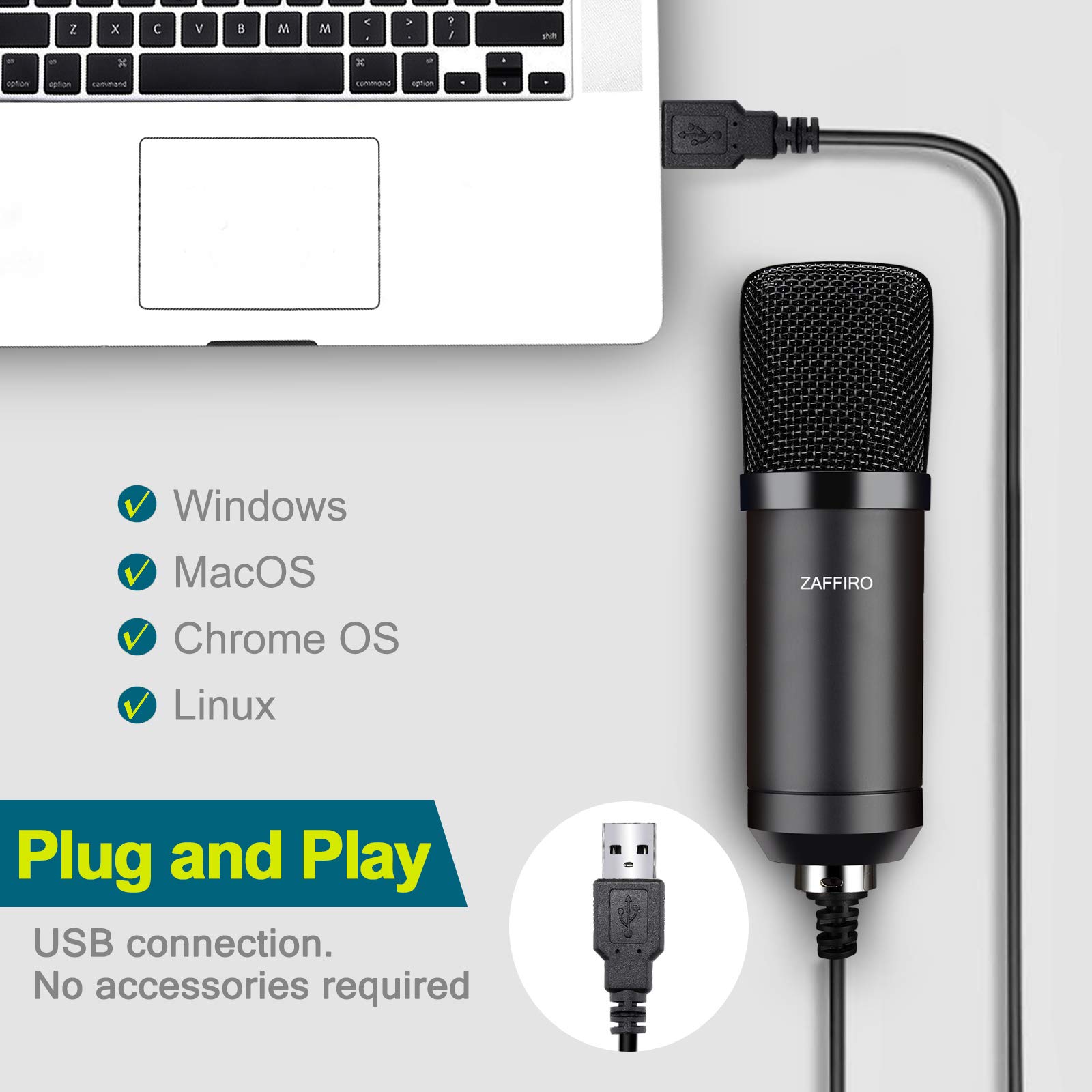 ZAFFIRO USB Microphone, Professional Grade Condenser Microphone, Professional Microphone Kit, Computer Microphone Kit, Adjustable Stand for Professional Recording Studio, Karaoke, Conference Hosting