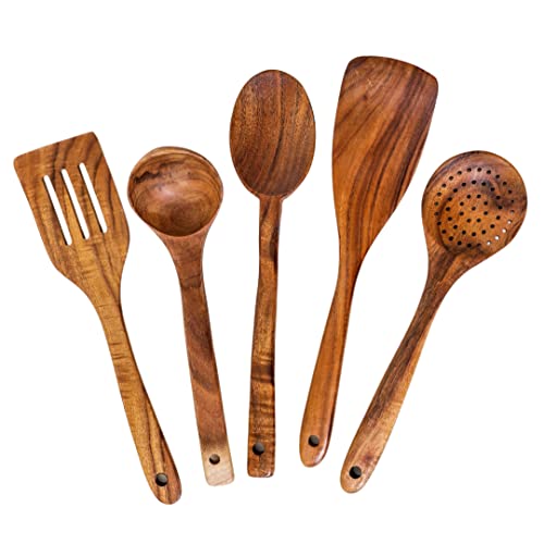 5 Piece Teak Wooden Cooking Spoons Set and Wooden Holder for Storage, Includes Spatulas, Ladle, Strainer, and Mixing Spoon