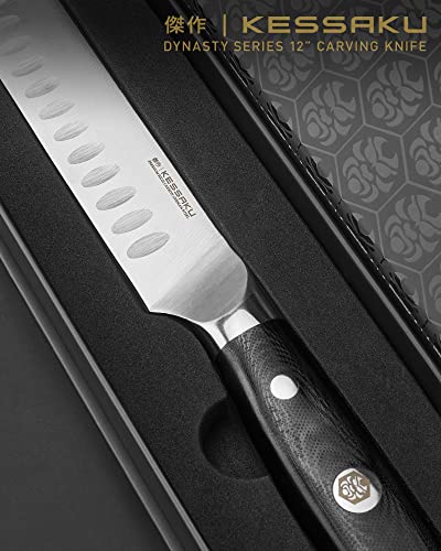 KESSAKU Carving Knife - 12 inch - Dynasty Series - Razor Sharp - Granton Edge - Forged ThyssenKrupp German High Carbon Stainless Steel - G10 Garolite Handle with Blade Guard