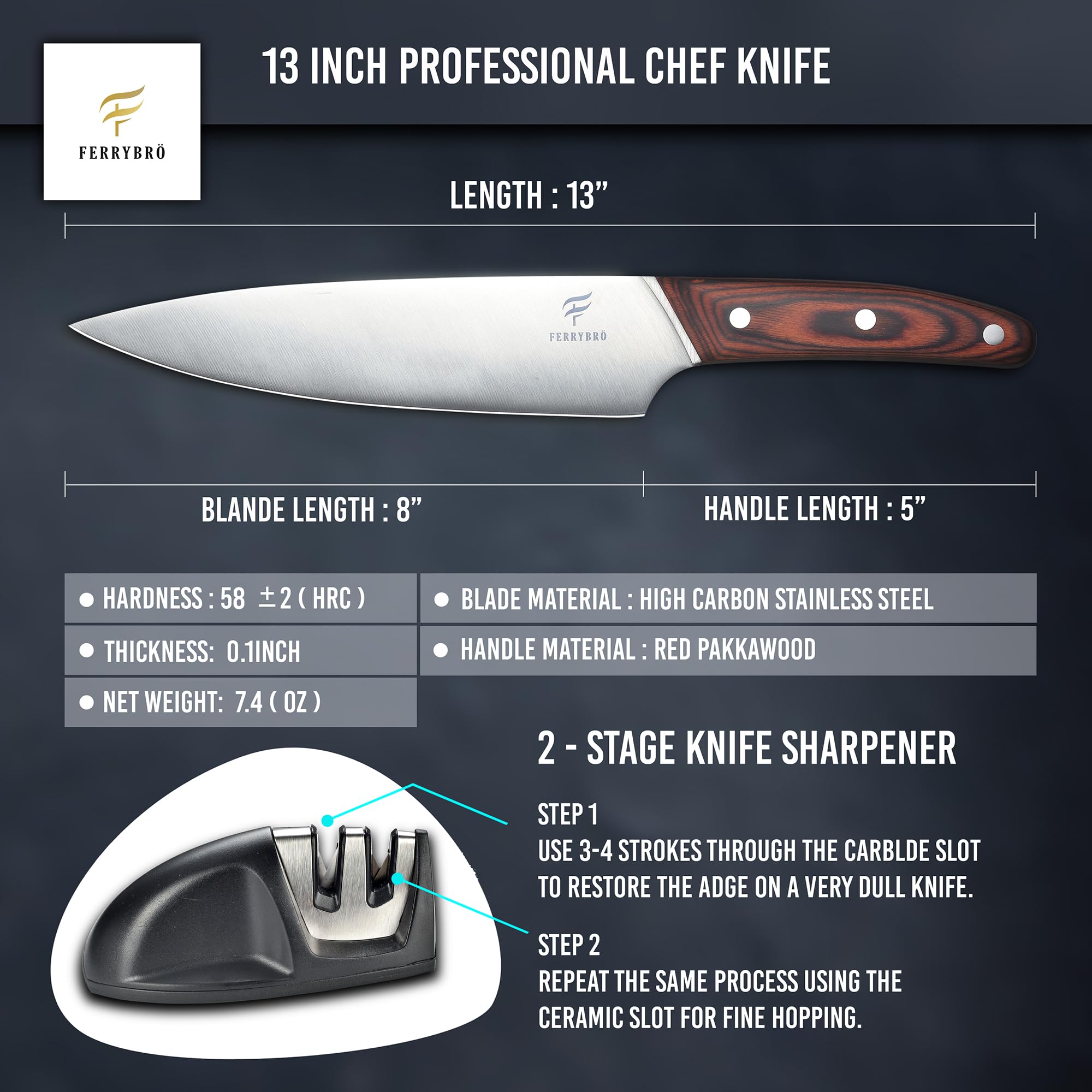 FERRYBRÖ Professional Chef Knife Set, Ultra Sharp German High Carbon Stainless Steel Blade, Kitchen Knife Set with Ergonomic Handle, 3Pcs Chefs Knives 1Pcs Sharpener(4Pcs Chef's Knife Set)