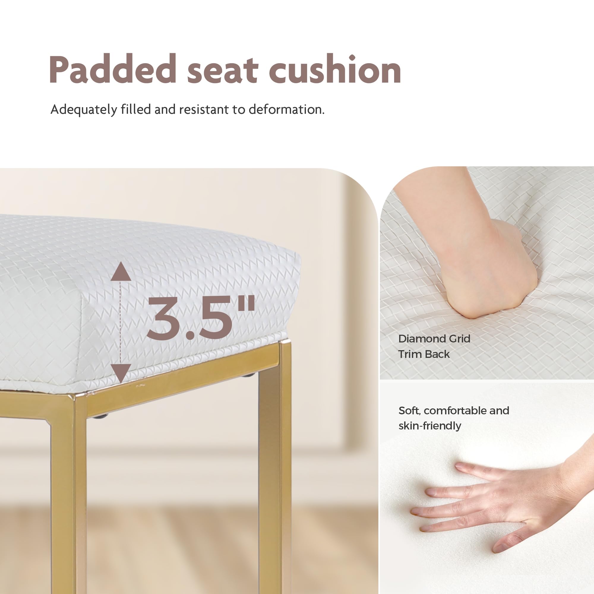 ALPHA HOME 24 Inch Counter Height Bar Stools Set of 3, Upholstered Bar Stools for Kitchen Island, Counter Stools with Faux Leather Cushion and Sturdy Metal Frame, Modern Barstools, White and Gold
