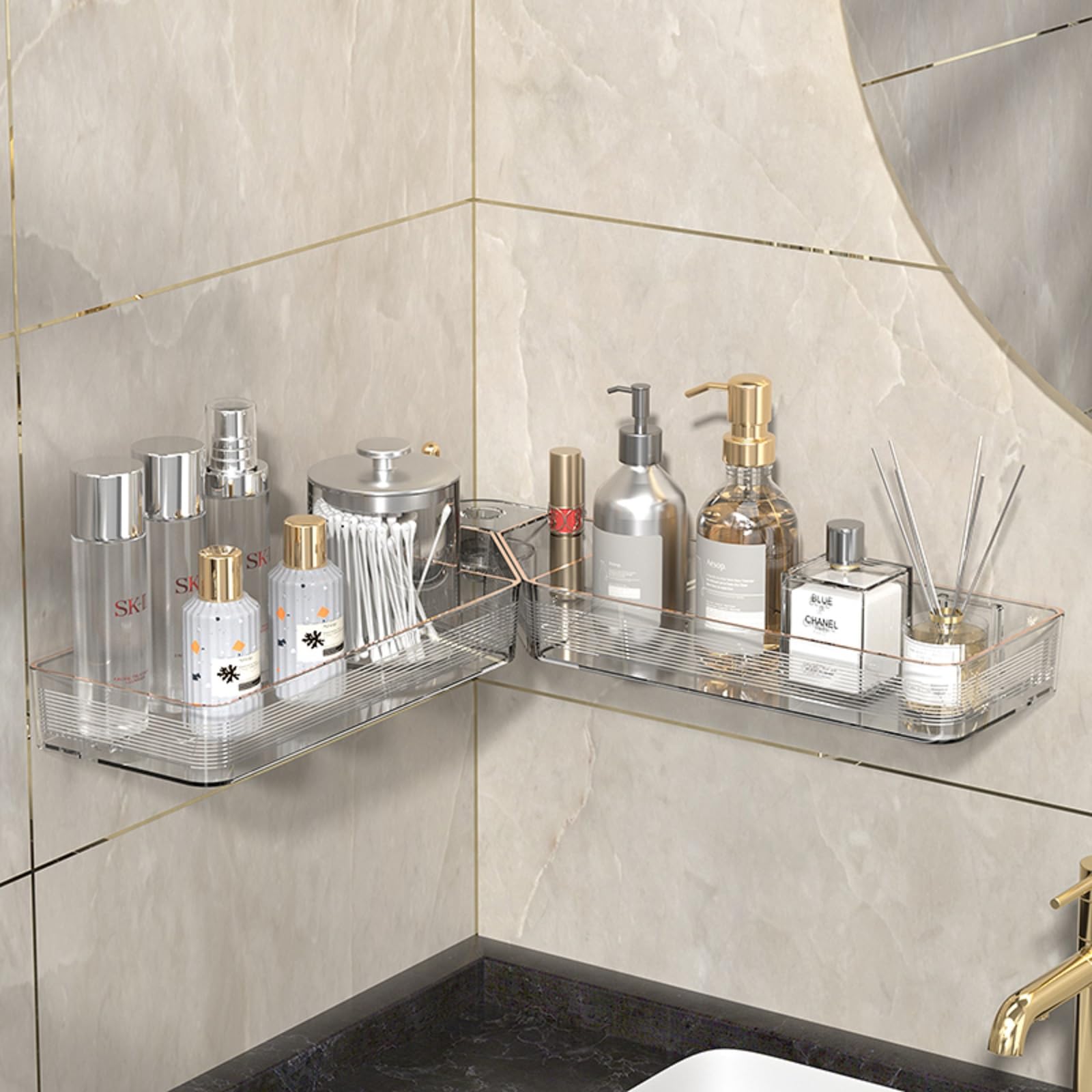 Hsiohe Clear Corner Adhesive Shower Caddy, Acrylic Wall Mounted Shower Shelf for Kitchen & Bathroom, No Drilling Shower Rack, Acrylic Bathroom Shelves with Self Adhesive Tape
