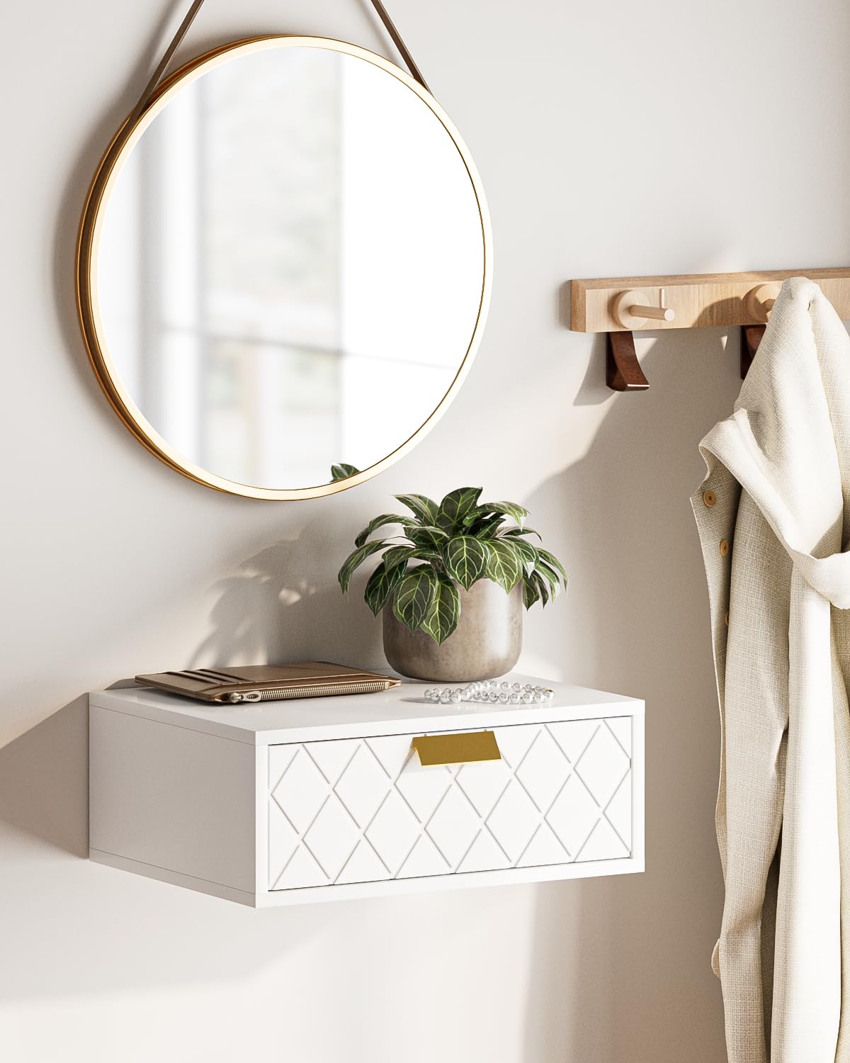 Aobafuir Floating Nightstand Shelf with Drawer, Small Modern Wall Mounted Nightstand, Shelves for Bedroom, White Diamond