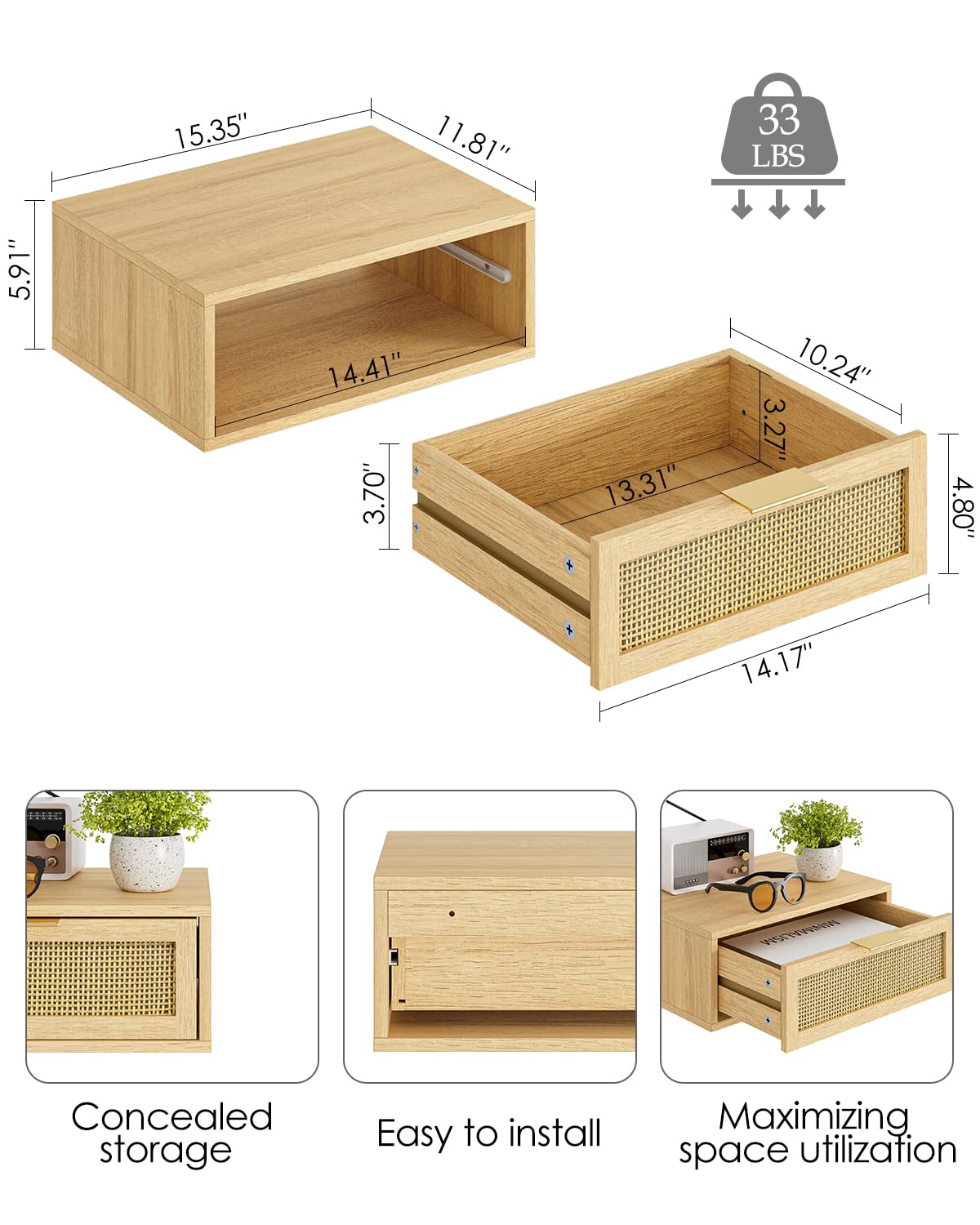 Aobafuir Floating Nightstand Shelf with Drawer, Small Modern Wall Mounted Nightstand, Shelves for Bedroom, Oak Rattan