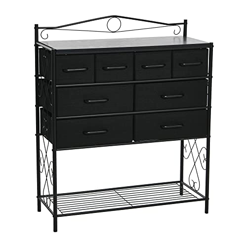 Household Essentials Victoria Dresser Table Storage Organizer with 8 Drawers and Shoe Shelf Black Metal Frame and Black Oak Wood Grain Top