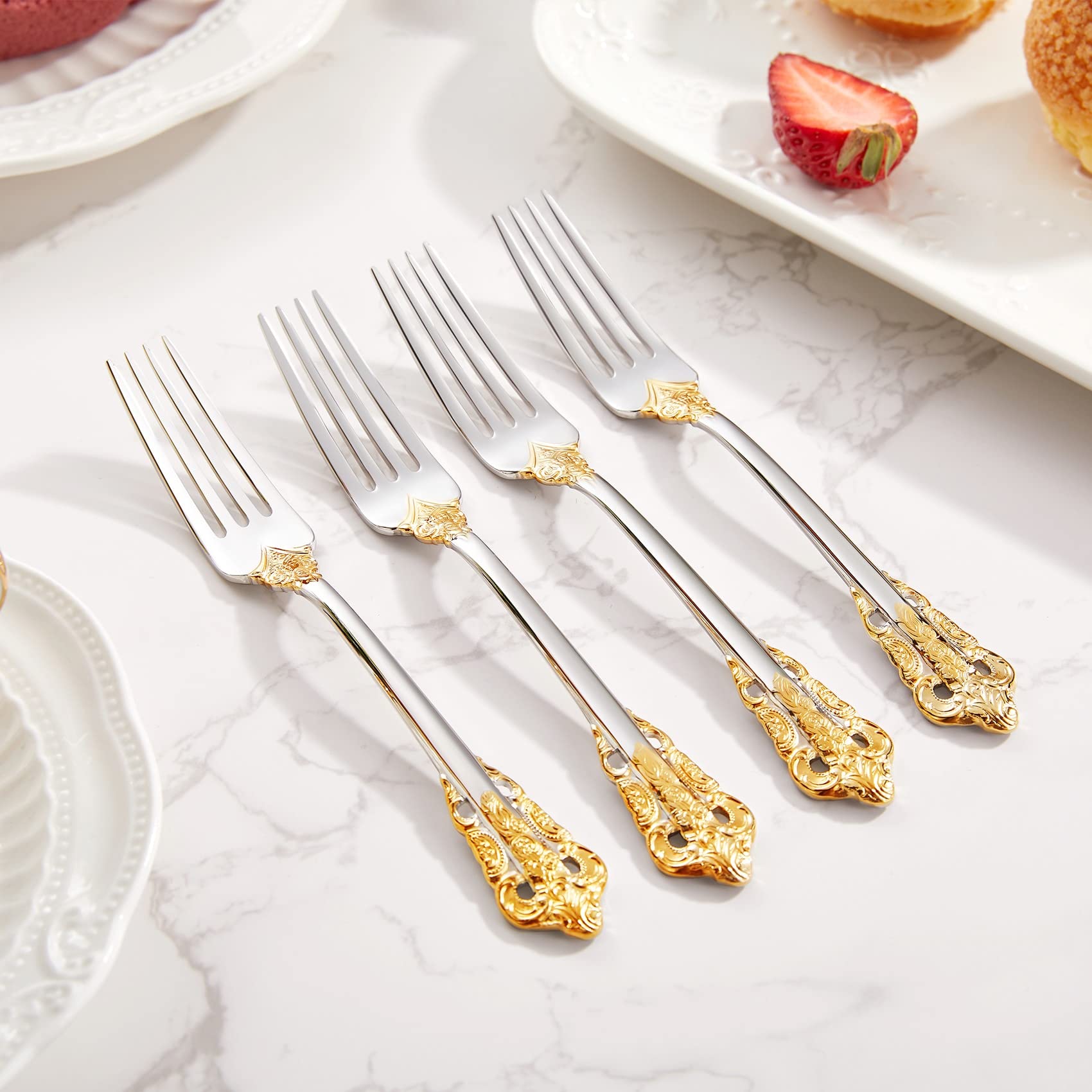 KEAWELL Luxury 5.9" Appetizer Forks, 18/10 Stainless Steel, Set of 4, Gorgeous Cocktail Forks/Dessert Forks (Gold Accent)