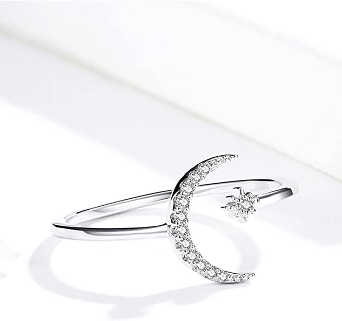 925 Sterling Silver, Moon Ring, Women'S Zircon Adjustable Ring