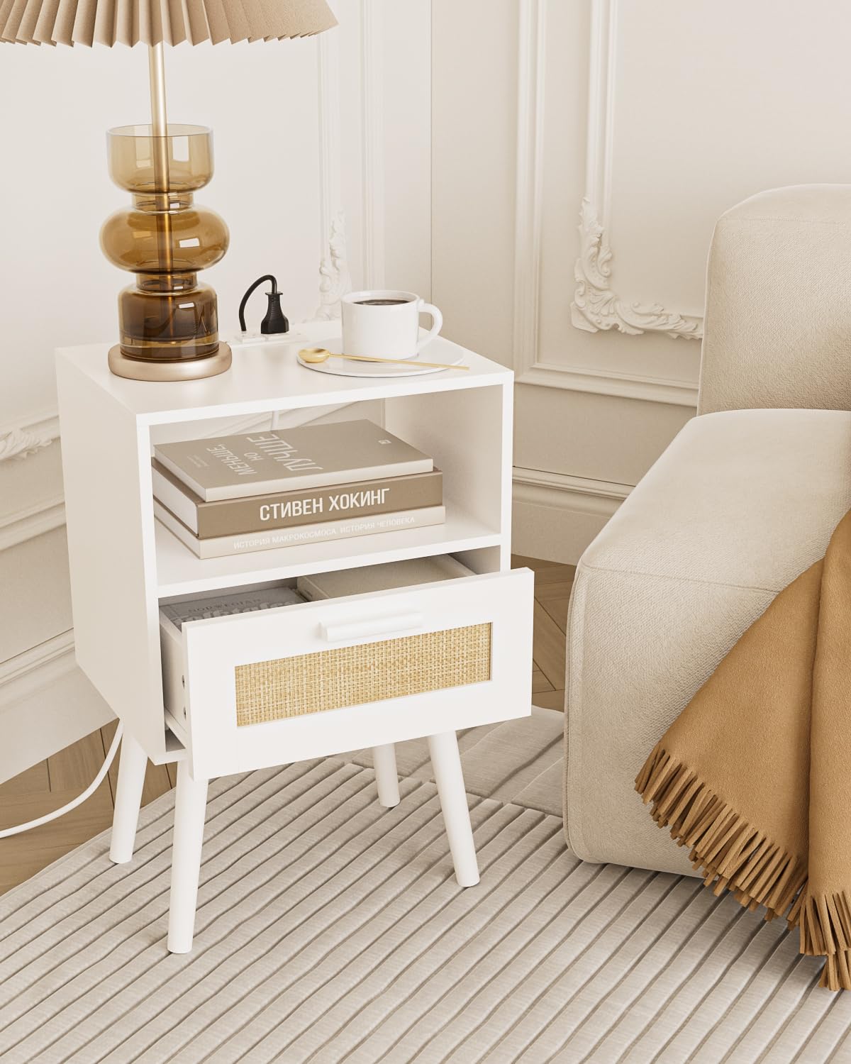 Aobafuir Nightstands with Charging Station, End Table, Rattan Nightstand, Side Table with Hand Made Rattan Decorated Drawers, Wood Accent Table with Storage for Bedroom,White