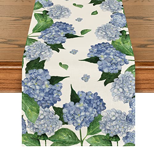 Artoid Mode Watercolor Hydrangea Table Runner, Spring Summer Seasonal Kitchen Dining Table Decoration for Indoor Outdoor Home Party Decor 13 x 72 Inch