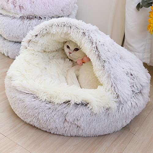 Geizire Small Dog Bed & Cat Bed, Round Donut Calming Cat Beds, Anti-Anxiety Cave Bed with Hooded Blanket for Warmth and Security - Machine Washable, Water/Dirt Resistant Base (Up 6 Pound)