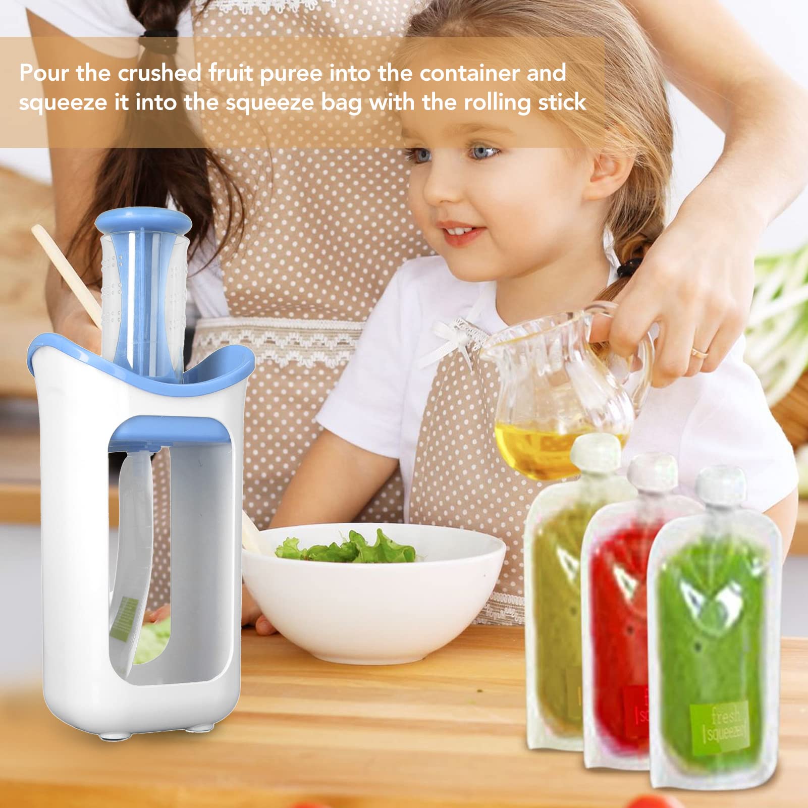 Baby Squeeze Station Infant Baby Food Maker Fruit Puree Squeeze Station Baby Food Container with Squeeze Bag Home Kitchen Tools for Homemade Purees (Blue)