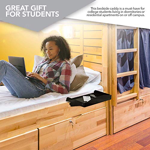 Modern Innovations Bedside Shelf for Bed, College Dorm Room, Bunk Bed Shelf for Top Bunk, Clip On Nightstand Tray with Cord and Cup Holder, Bunkbed Caddy for Table Storage (Black)