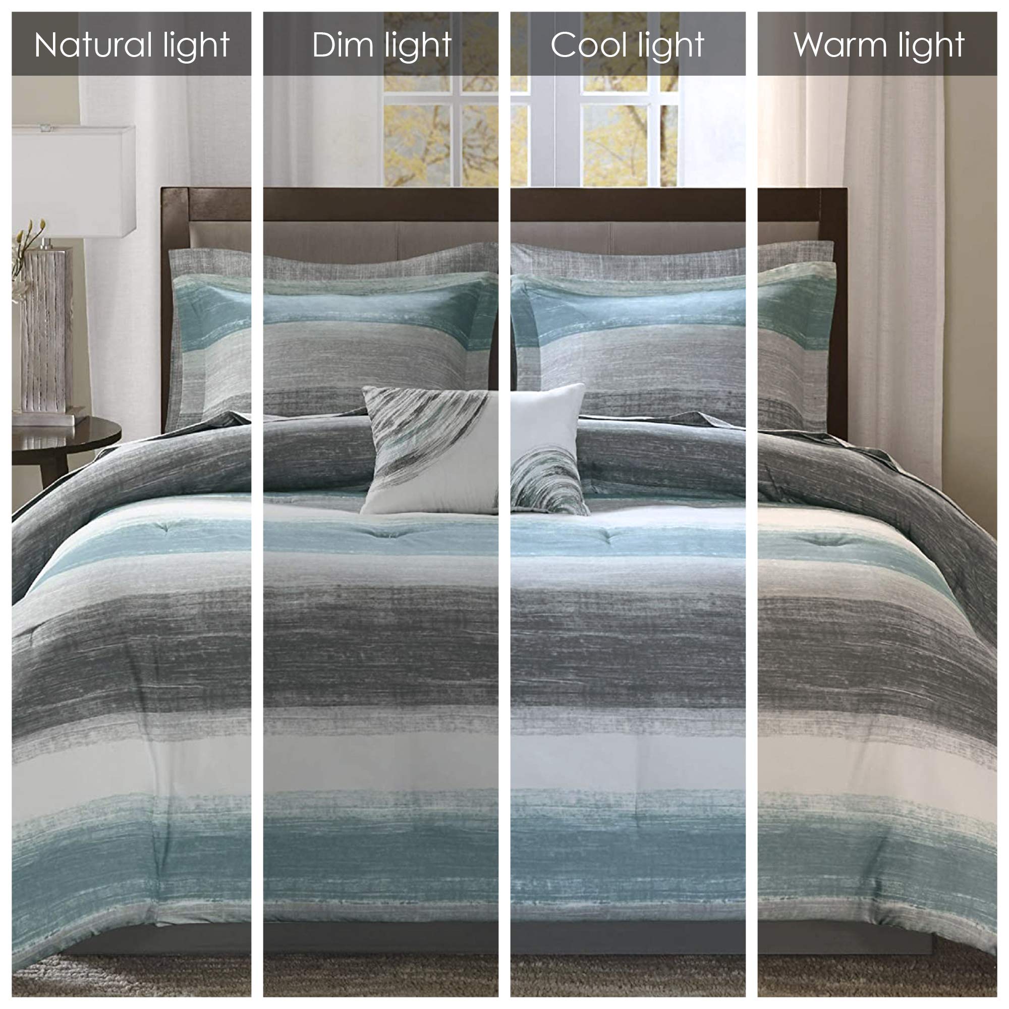 Madison Park Essentials Bed in a Bag Comforter, Vibrant Color Design All Season Down Alternative Cover with Complete Cotton Sheet Set, Queen (90"x90"), Saben, Stripe Aqua 9 Piece