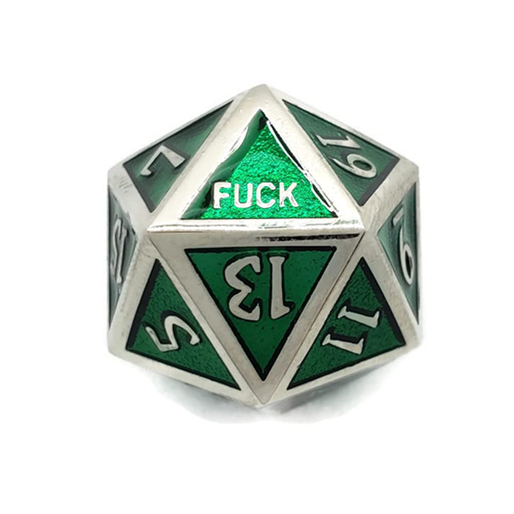 Green Metal D20 F*** Dice Critical Fail F 20 Sided Die Set DND Silver Chrome Color Number for Role Playing Game Dungeons and Dragons D&D Pathfinder Shadowrun and Math Teaching
