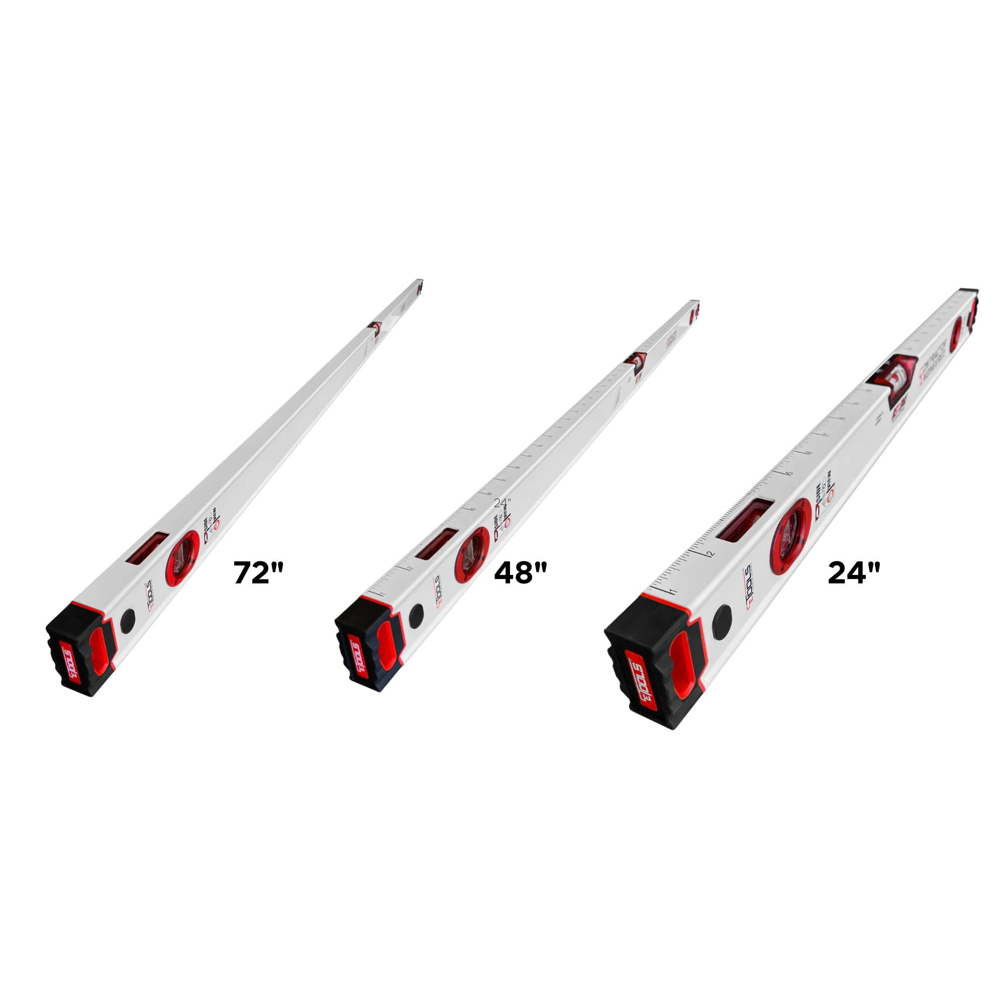 CE Tools Contractor Engineered Red Edge Construction Levels 24, 48, 72 Inch Set, Shock-Proof Vial, Milled Bottom, Robust End Caps