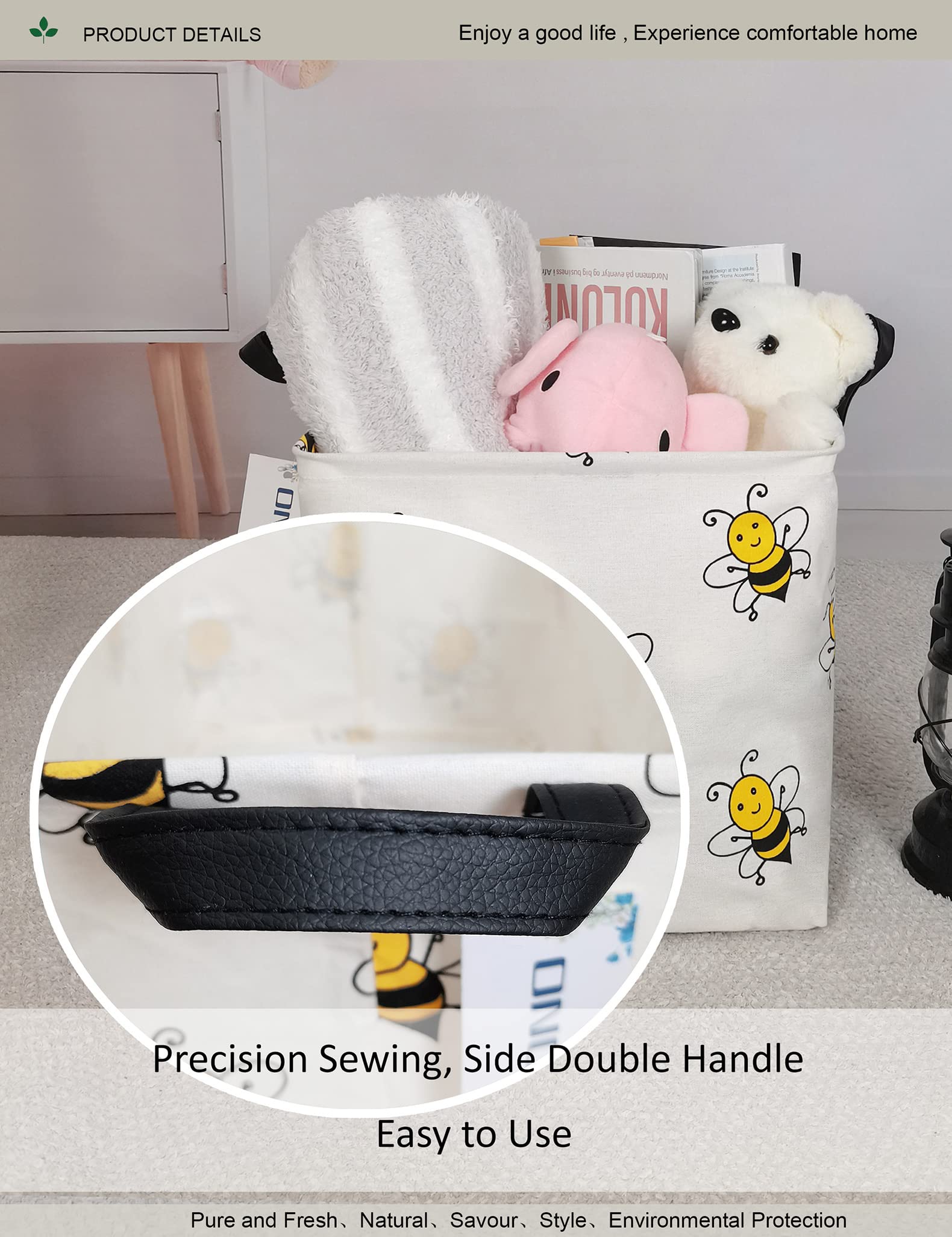 ONOEV Square Folding Laundry Basket, Canvas Basket,Nersury Hamper,Suitable for Children,Office,Bedroom,Clothes,Toys Storage(Bee