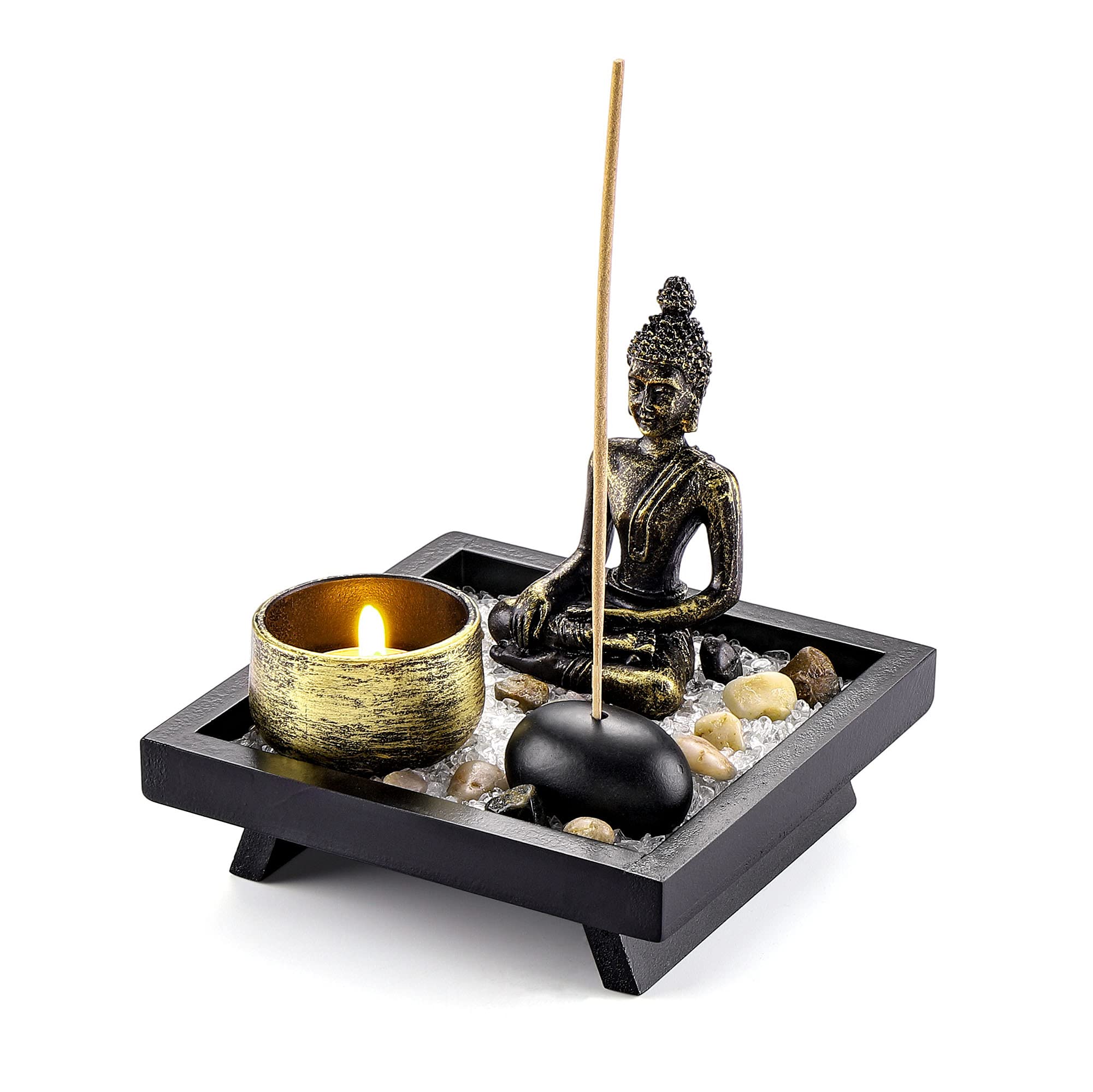 CrystalTears Meditation Zen Garden Set with Buddha Satue, Tea Light Candle Holder, Incense Burner Holder Tabletop Zen Garden Gift for Home Decor