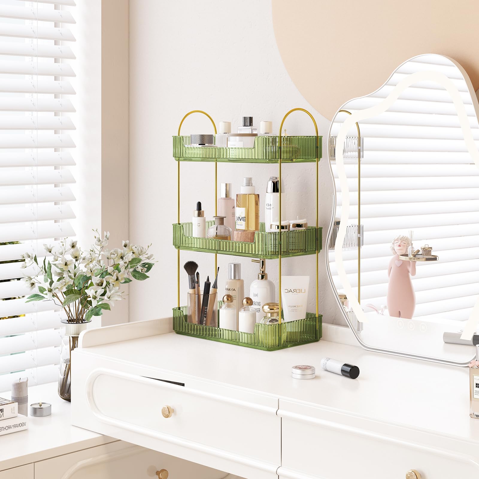 Fixwal Bathroom Counter Organizer, 3 Tier Transparent Countertop Storage for Cosmetics, Skincare, Perfume, Makeup Organizer for Vanity, Spice Rack for Kitchen (Green)