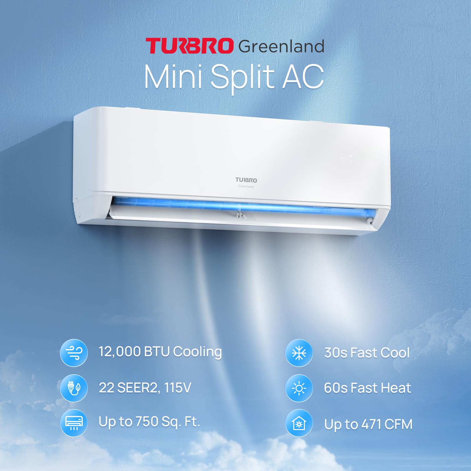 TURBRO 12,000 BTU Ductless Mini Split Inverter AC with Heat Pump, 22 SEER2, 115V, WiFi-Enabled, Cools up to 750 Sq.Ft, Energy Star, Greenland Series