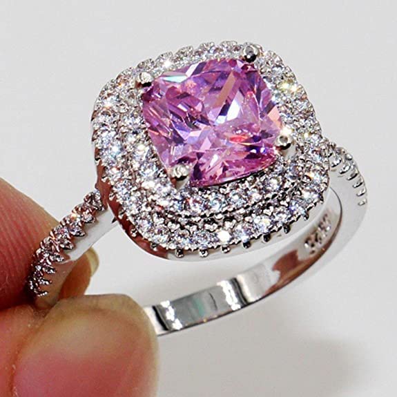 925 Sterling Silver Squer Rings for Women & Girls,Engagement Wedding Band Jewelry | Pink Cushion Cut Diamond Ring (10)