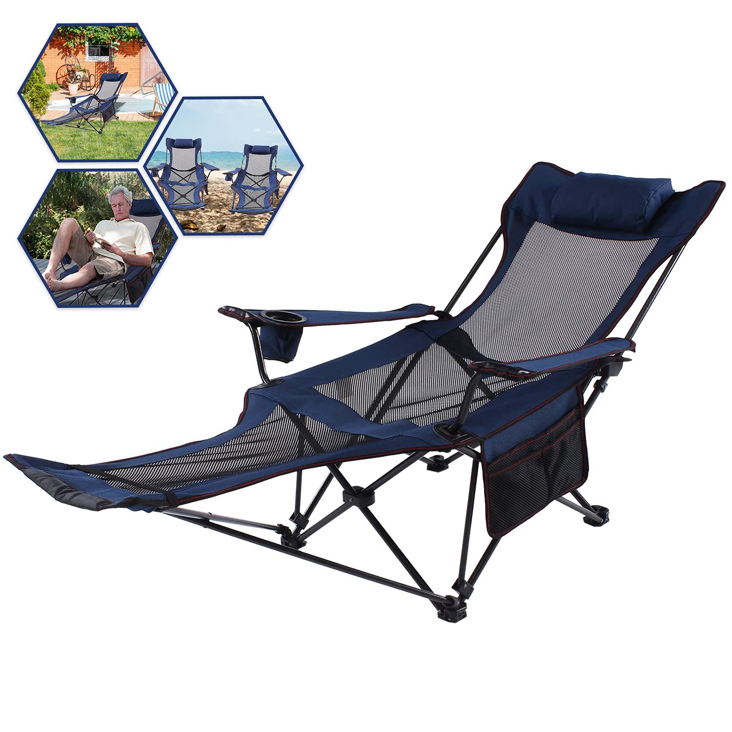 A AIKOOL Camping Recliner Camping Lounge Chair, Backpacking Folding Chair with Headrest, Footrest and Storage Bag for Outdoor Camping, BBQ, 300lbs Weight Capacity
