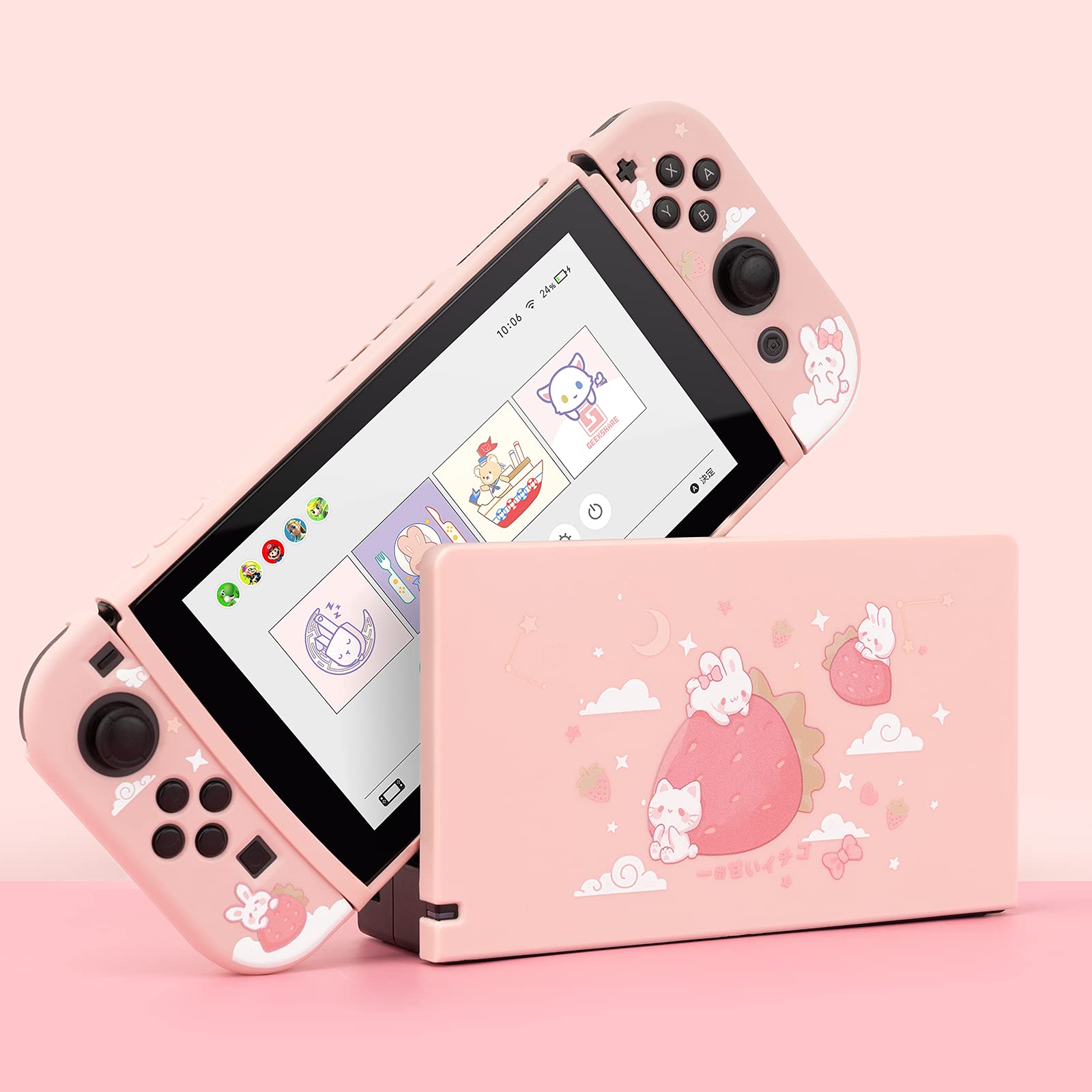 GeekShare Anti Scratch Switch Dock Cover- Hard Faceplate Sleeve Pad for Switch Dock- DIY Replacement Shell Compatible with Nintendo Switch Dock(Strawberry Rabbit)