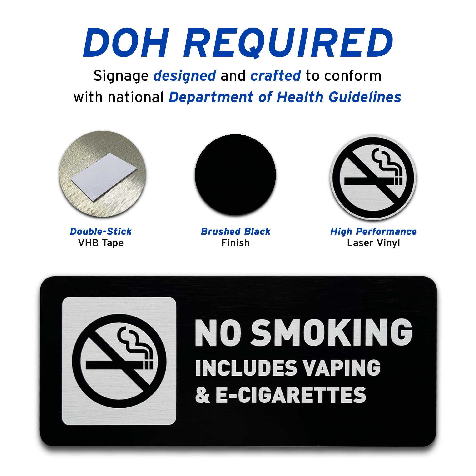 No Smoking Sign by GDS - ADA Compliant, with Raised Icons and Lettering- Includes Adhesive Strips for Easy Installation 7" W x 3" H - (Brushed Black)