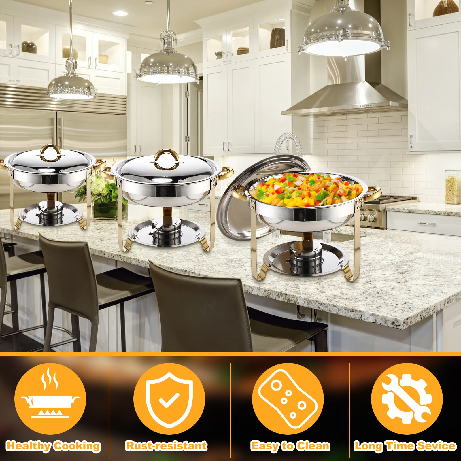 6 Pcs Chafing Dish Buffet Set with 6 Tongs, Stainless Steel Food Warmer Set, 3.7 Qt Round Buffet Server Catering Chafer Warmer with Lid for Birthday Wedding Parties, Catering, Banquets, Events