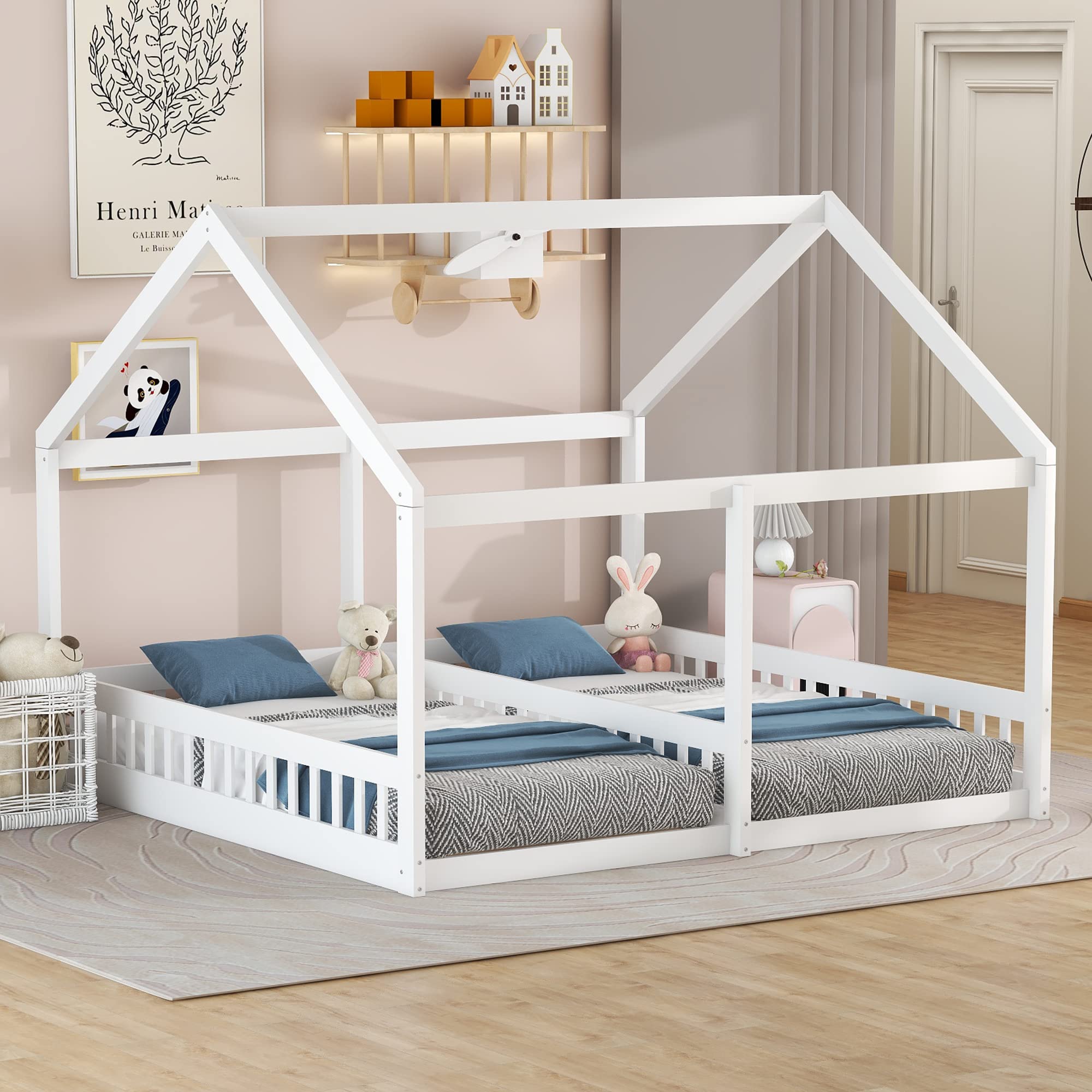 Twin House Bed for 2 Kids Wood Double Floor Beds Frame with Fence Railings Two Shared Beds for Boys Girls Teens, Twin Size, White