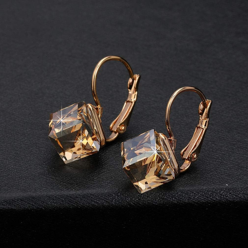 Cube Austrian Crystal Drop Leverback Earrings for Women Fashion 14K Rose Gold Plated Hypoallergenic Jewelry (Light Topaz)
