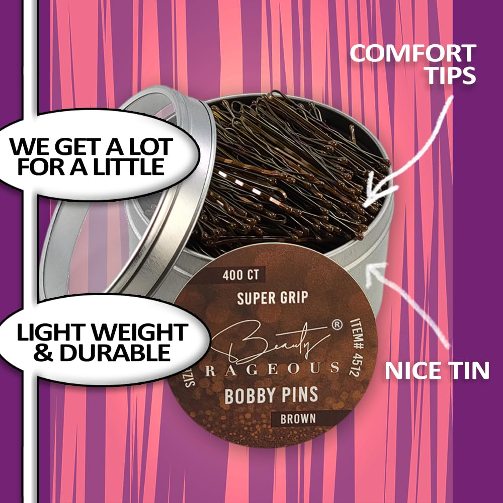 Super Grip Bobby Pins - Women's 1.9 Inch - Easy, Secure, All Hair Types - Handy Reusable Tin (Brown - 400 Ct Approx)