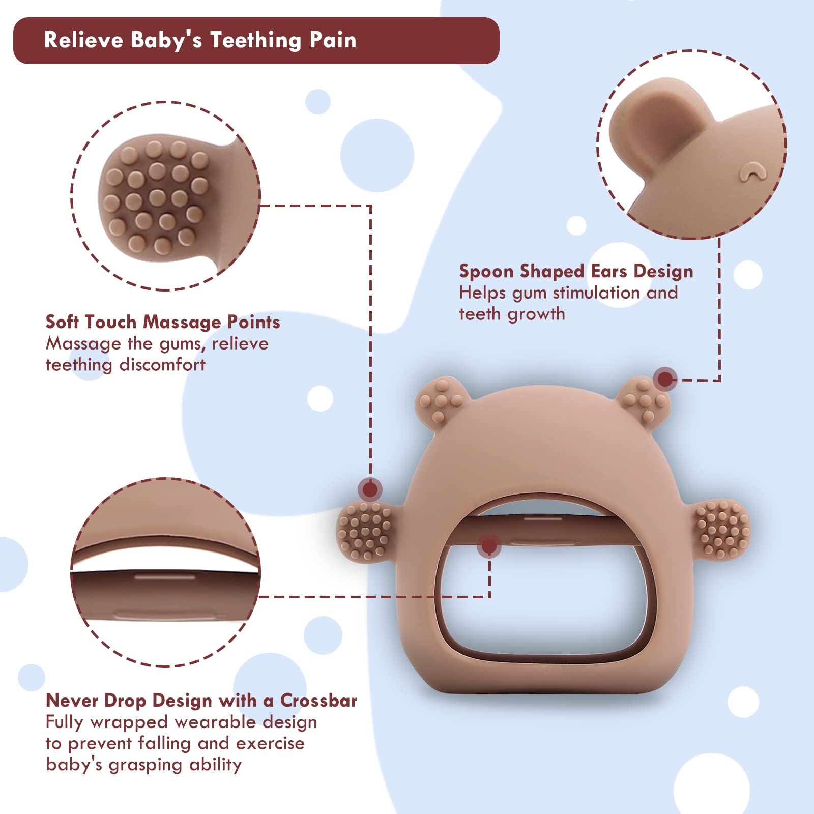 Baby Teether for 0-6 Months 2 Pack Never Drop Baby Teething Toys for 6-12 Months+1 Pack Pacifier Clip,Silicone Baby Chew Toys for Infant Sucking Needs,Baby Toys 3-6 Month Baby Mitten Teether(Brown)