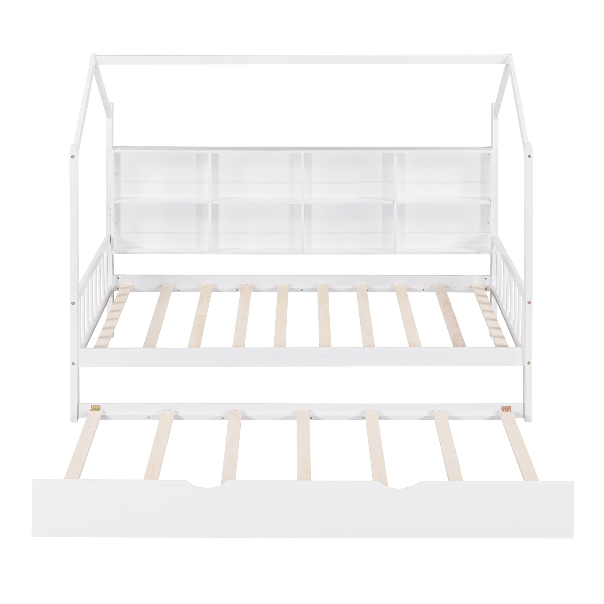 Merax Wood Twin Montessori Daybed with Trundle and Book Shelf, Low Sofa Day Bed for Boys Girls,No Box Spring Needed White