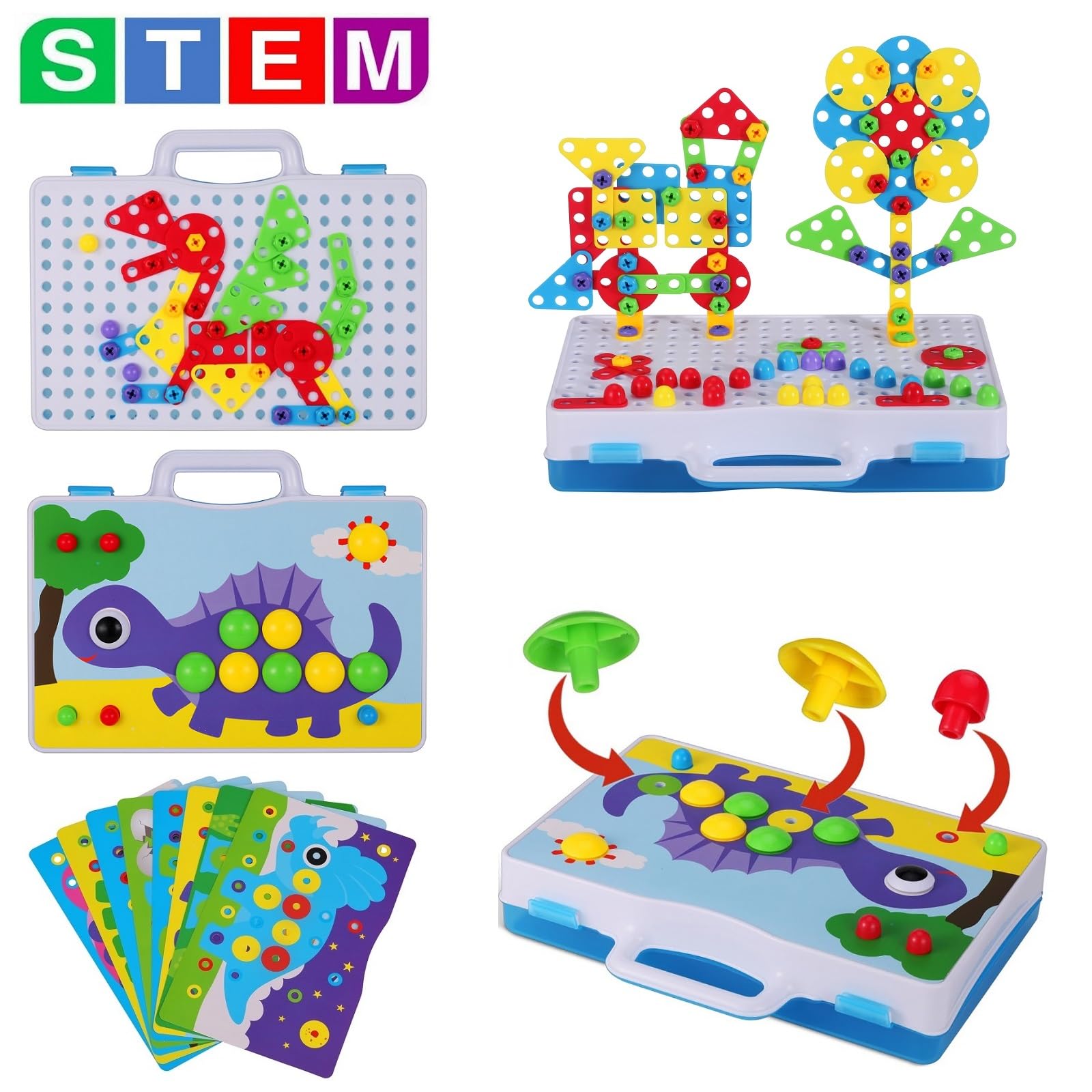 Creativity Tool Box with Drill Screwdriver Toy Set, STEM Building Toys for Kids 3+ Year Old, Creative Building Blocks Pegboard Kits for Boys & Girls 3 4 5 6 7 8 Year Old