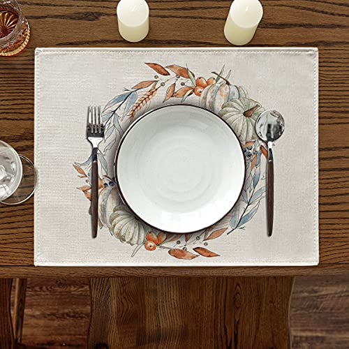 Fall Placemats Pumpkins Wreath Autumn Harvest Home Place Mats for Dining Table 12 x 16 Inch Blessed Thanksgiving Every Day Use Autumn Dinner Mat House Decor Set of 4