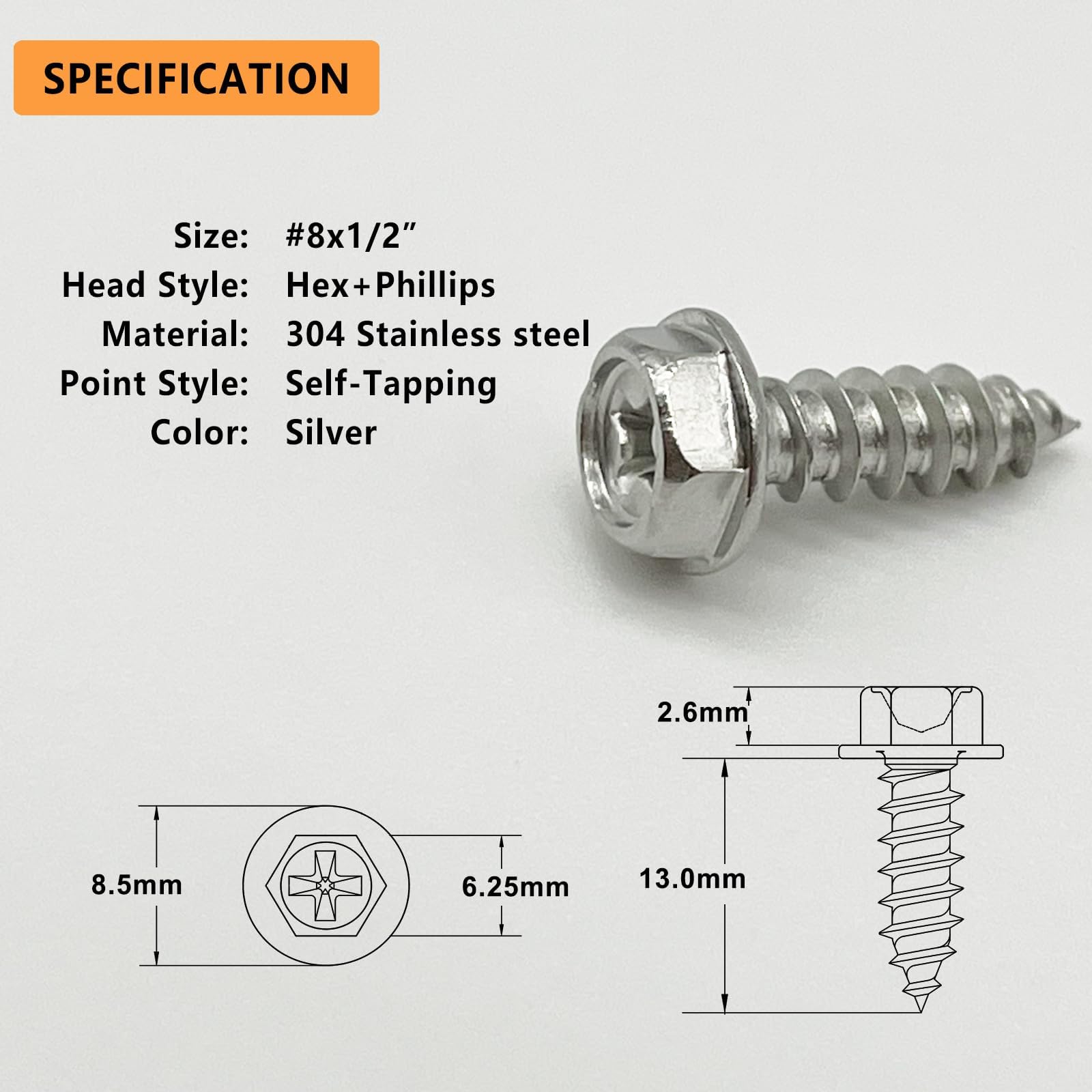 Allkeen 304 Stainless Steel Self Tapping Screws for Gutter Guard #8 x 1/2", 100 Pieces, Socket Bit Included