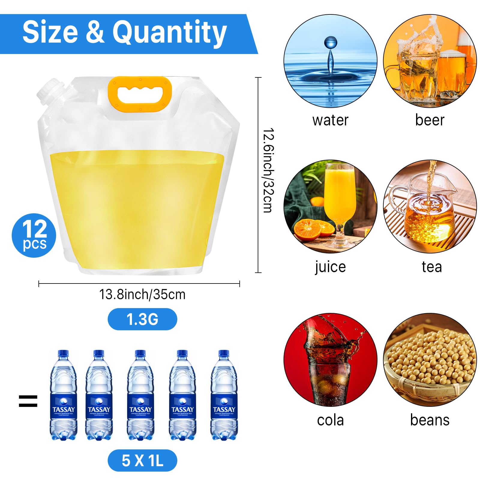 Aemygo 12 Pack Collapsible Water Container Bag 1.3 Gallon Emergency Foldable Water Container BPA Free Food Grade Plastic Storage Jug Freezable Water Bottle for Camping Hiking Riding Backpack