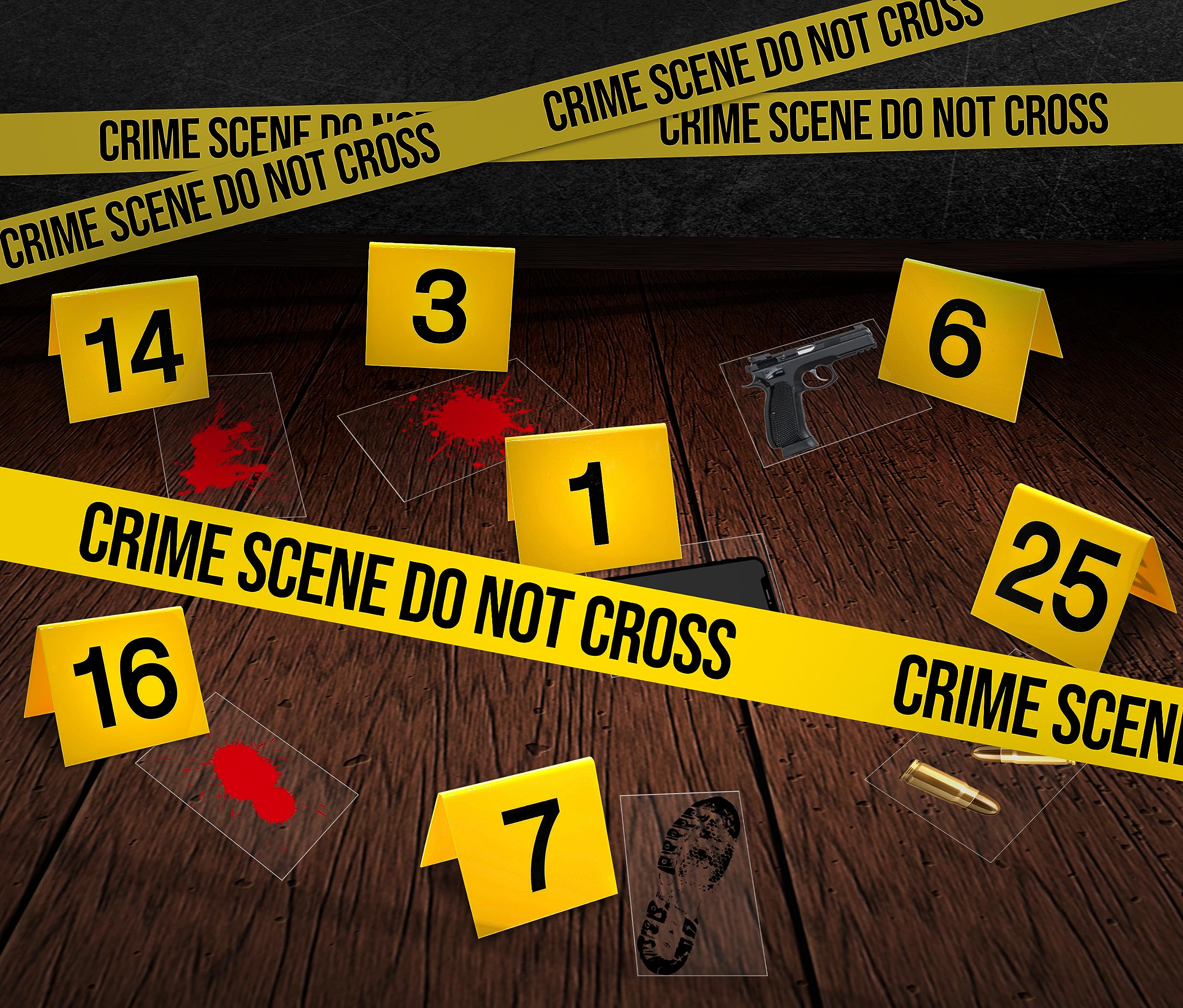 Crime Scene Decorations Kit, Crime Mystery Dinner Party Game Supplies, Includes Crime Scene Tape, 25 Yellow Evidence Markers, 25 Crime Object Cards