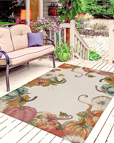 Fall Pumpkin Outdoor Rug for Patio/Deck/Porch, Non-Slip Area Rug 5 x 8 Ft, Thanksgiving Autumn Maple Leaf Colorful Pumpkin Indoor Outdoor Rugs Washable Area Rugs, Reversible Camping Rug Carpet Runner