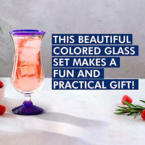 Amici Home Blue Rim Hurricane Glass | Set of 4 | Authentic Mexican Handmade Glassware | Bar Glasses for Pina Coladas, Cocktails, and Other Beverages | 16 Oz