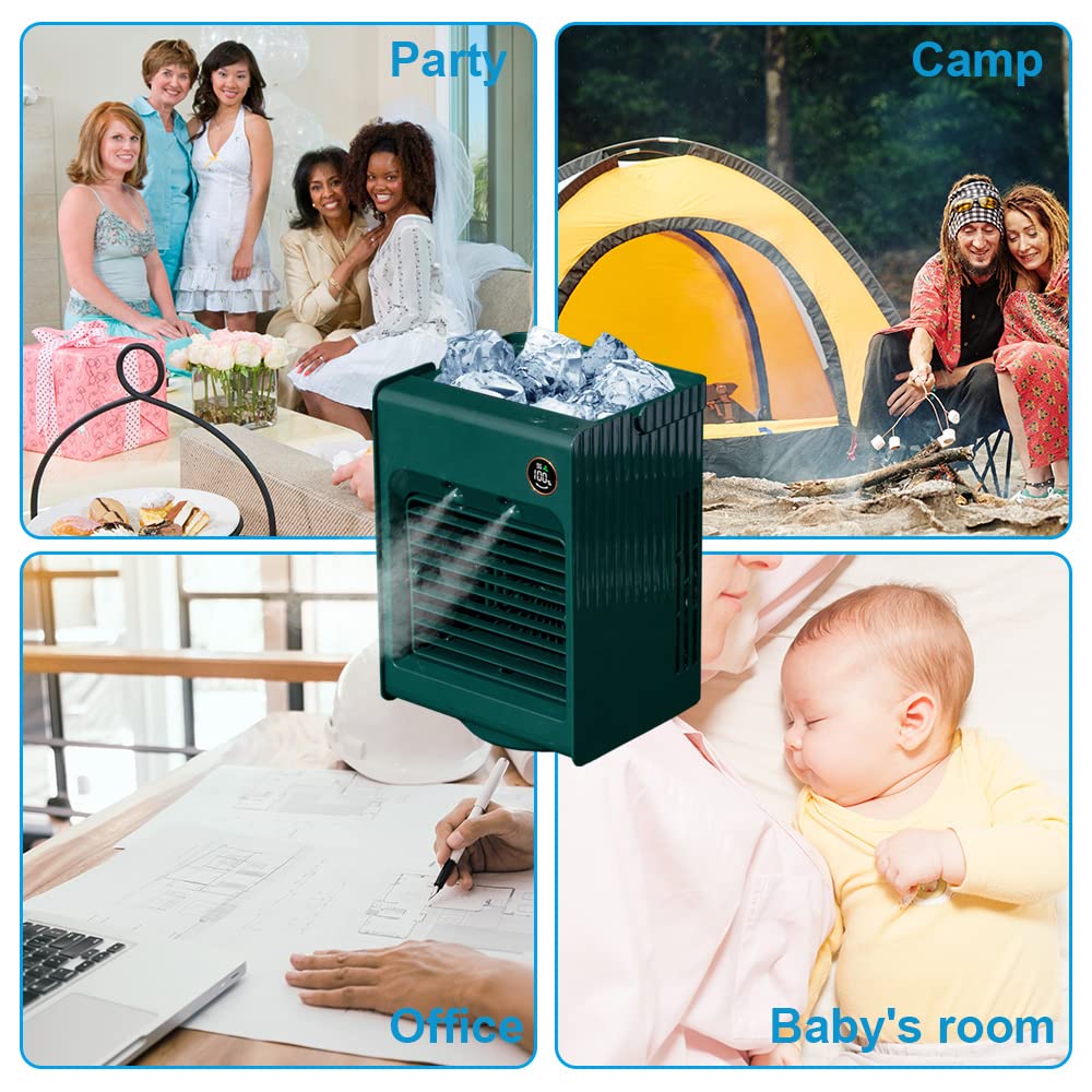 Personal Desk Fan With Cool Misting & Night Light, Built-in 300ML Water Tank Portable Air Conditioners with Handle, 120°Auto Oscillation, 4000mAh Rechargeable Battery Mini Evaporative Cooler for Small Room Camping(Green)