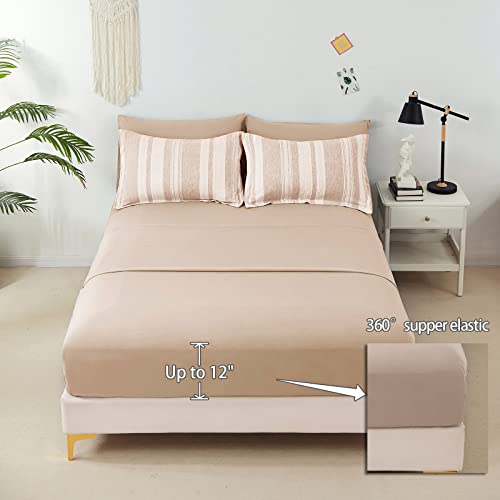 Mybedsoul Khaki Comforter Set Queen Size, Cationic Dyeing Stripes Comforter All Season Bedding Set, Soft Microfiber 7 Pieces Bed in a Bag (2 Pillow Shams, Flat Sheet, Fitted Sheet and 2 Pillowcases)