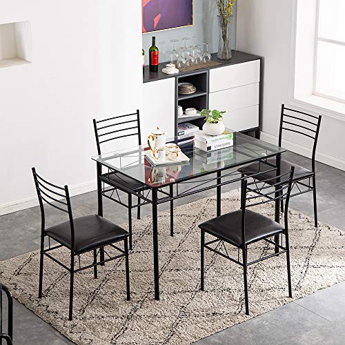 SSLine 5-Piece Glass Dining Table Set with 4 Chairs Small Space Kitchen Table Modern Simple Dining Room Dinette Sets w/1 Tempered Glass Top/Metal Frame Table and 4 Leather Cushion Seat Dining Chairs