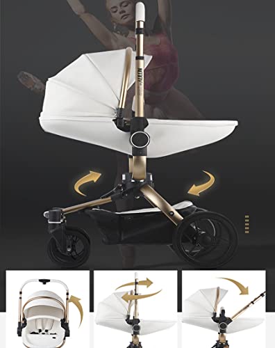 Baby Stroller Baby Carriage PU Leather Pushchair Pram, High Landscape Infant Stroller & Reversible Bassinet Pram, Foldable Newborn Stroller with Adjustable Canopy, Cup Holder, Storage Basket (A-White)