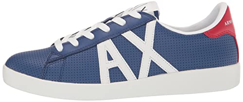 A|X Armani Exchange Men's Leather Logo Low Top Sneaker, Blue+Red, 8