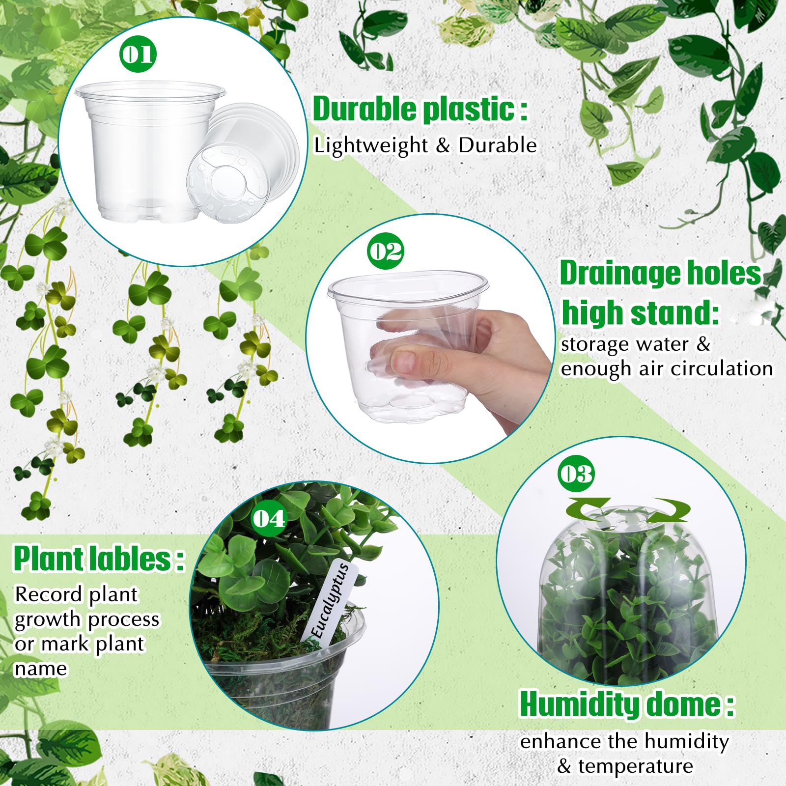 96 Packs Clear Plant Pot Container 3.5/4/5 Inch Transparent Plastic Pots Clear Planter with 100 Pcs Plant Labels Reinforced Clear Nursery Pots with Humidity Dome Seed Starter Pots for Flower Seedlings
