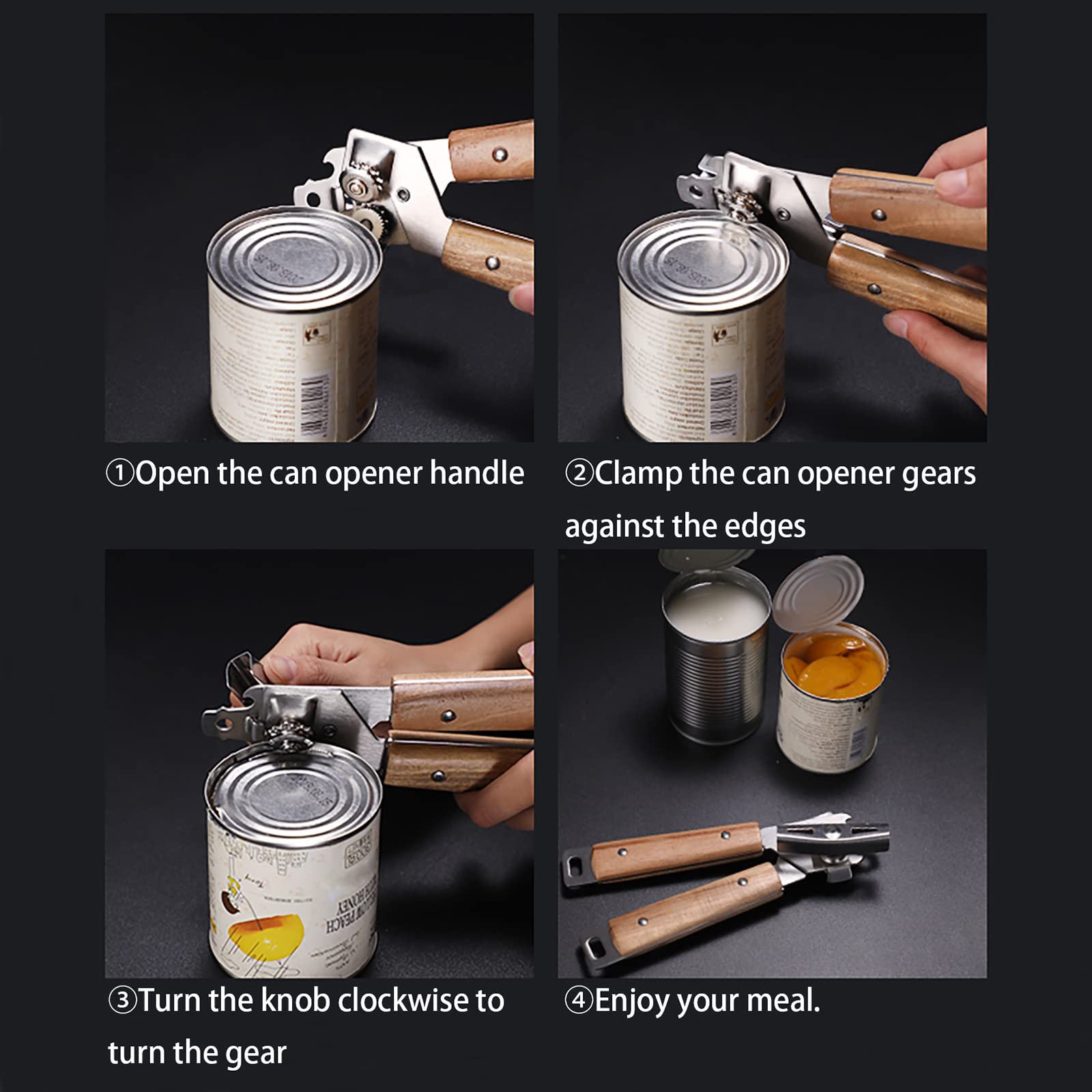 AmJoylst Stainless Steel Can Opener Manual Kitchen Acacia Wooden Handle With Hang Hole Durable (Can opener)